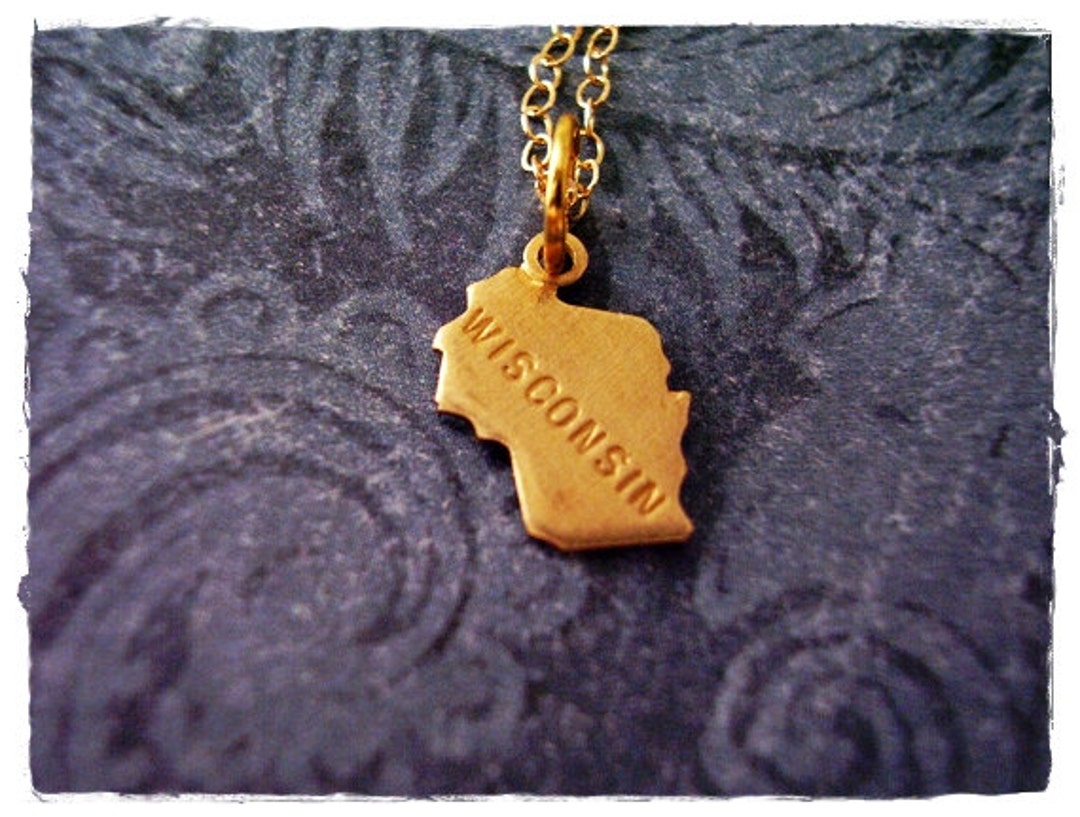 Tiny Gold Wisconsin State Necklace - Raw Brass Wisconsin Charm on a ...