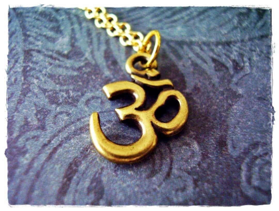 Gold Om Symbol Necklace - Antique Brass Pewter Om Charm on an Gold ...