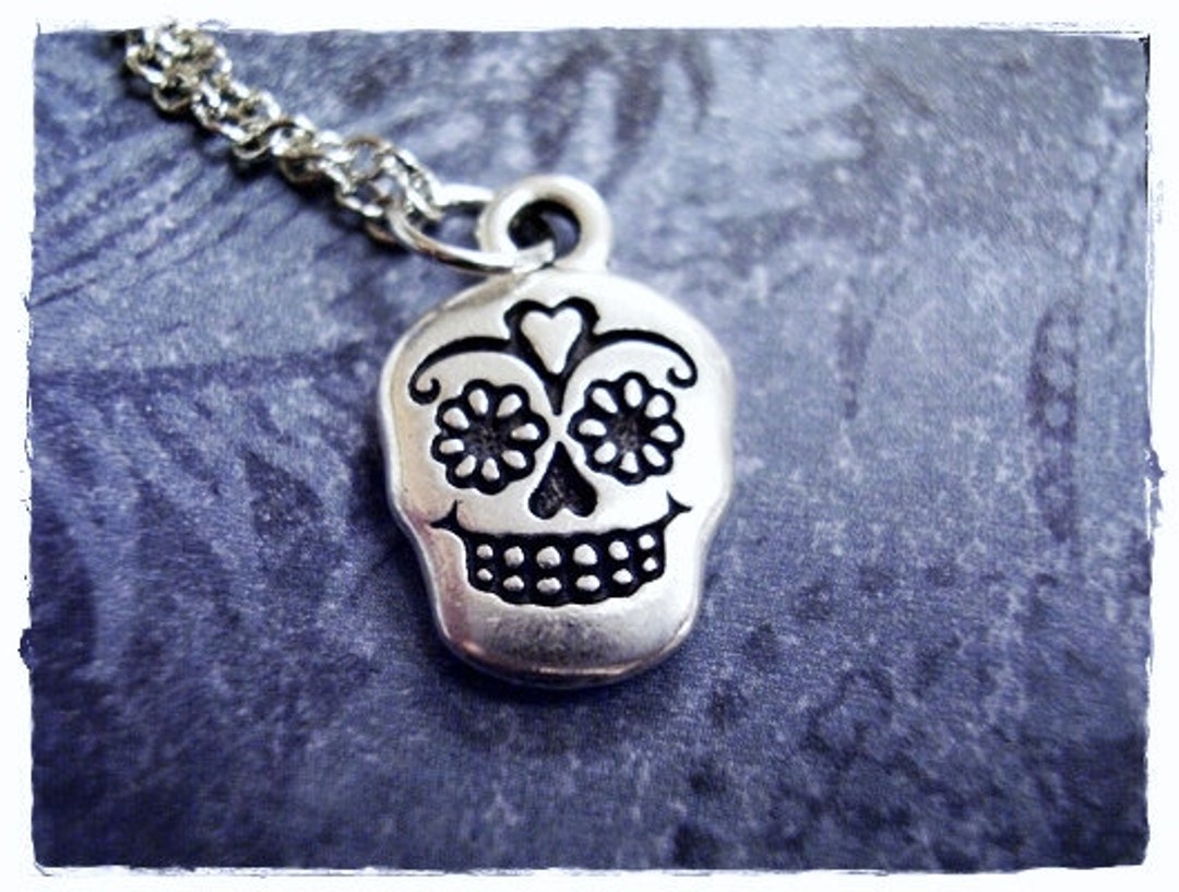 Silver Sugar Skull Necklace - Antique Pewter Sugar Skull Charm on a ...