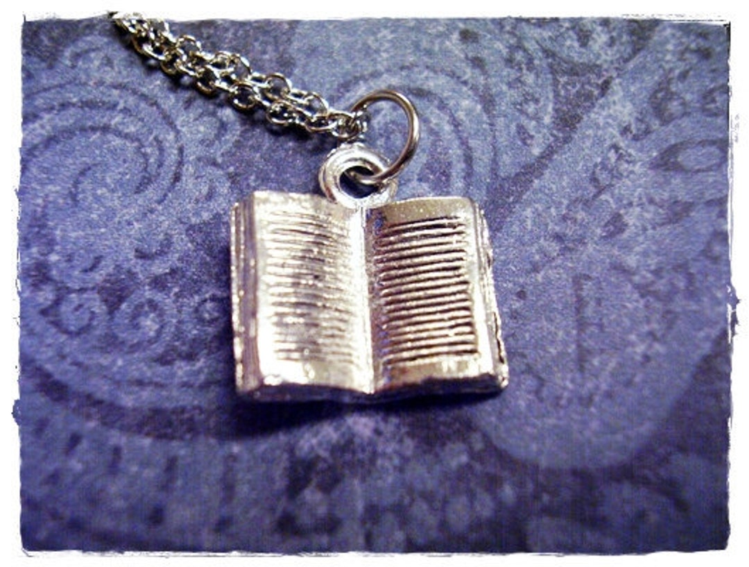 Silver Open Book Necklace - Silver Pewter Open Book Charm on a Delicate ...