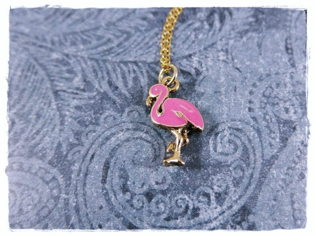 Pink Flamingo Necklace - Pink Enameled Antique Gold Pewter Flamingo ...