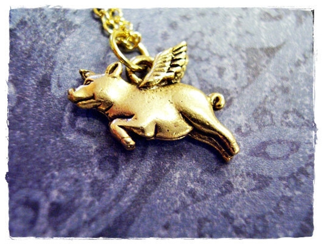 Gold Flying Pig Necklace Antique Gold Pewter Flying Pig Charm on a ...