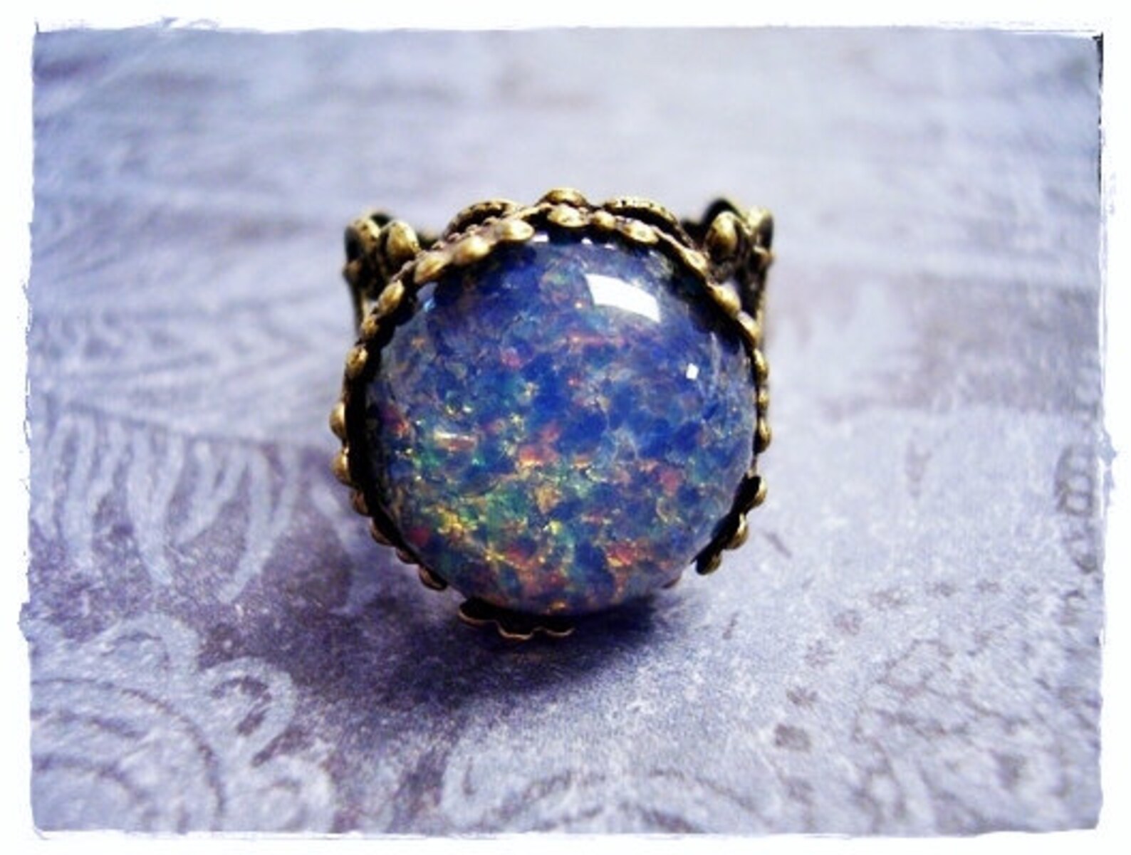 Round Blue Opal Glass Ring Blue Opal Glass Cabochon on an | Etsy