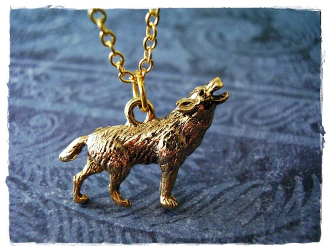 Gold Howling Wolf Necklace - Antique Gold Pewter Howling Wolf Charm on ...