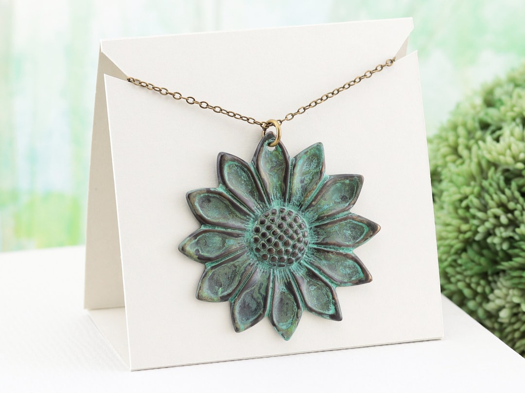 Large Verdigris Brass Daisy Flower Pendant Necklace, Lightweight Hand ...