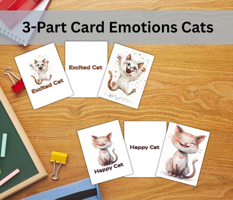 Montessori Cat Emotions 3-part Cards | Printable SEL Flashcards for ...