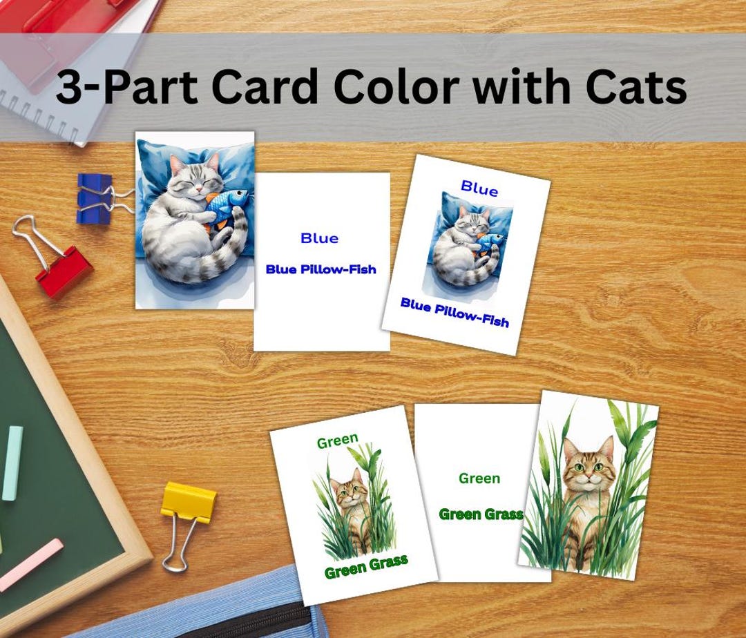 Montessori Cat Colors 3-part Cards | Printable Color Flashcards for ...