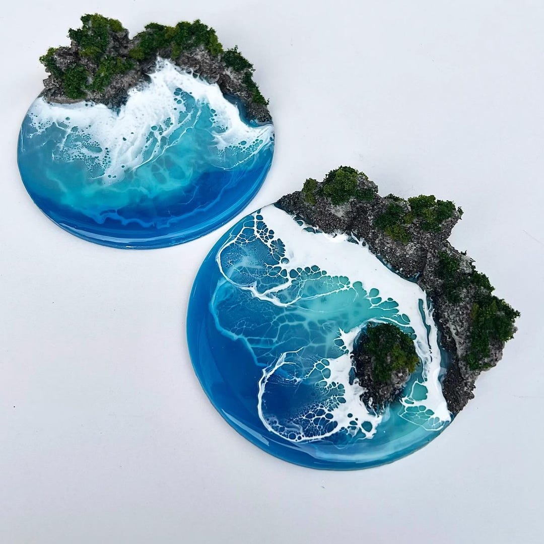 Handmade Ocean Resin Coaster Set - Jeju Island & Thailand Beach Scenery ...
