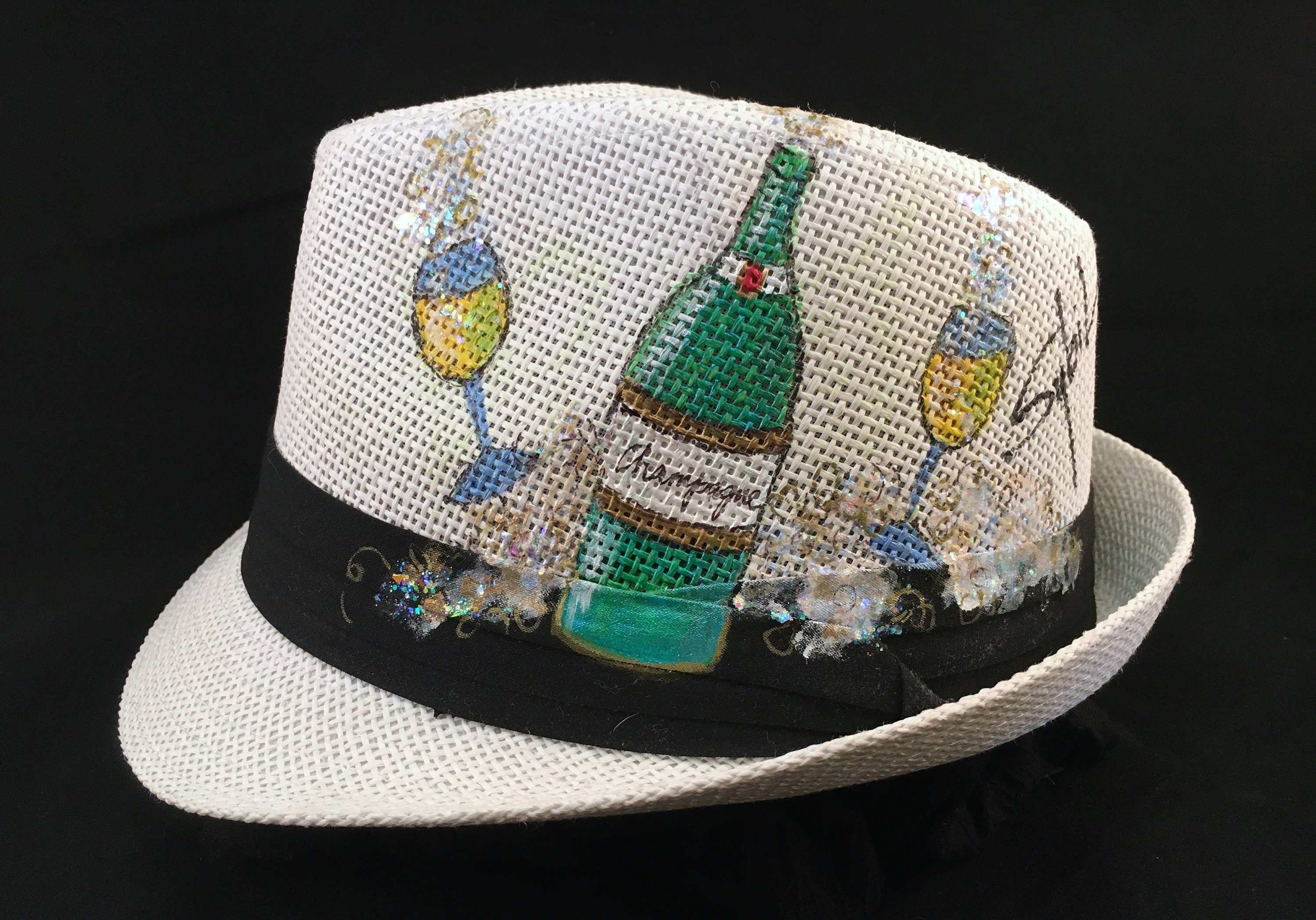 Hand-Painted Fedora Champagne Party Design Wearable Art | Etsy