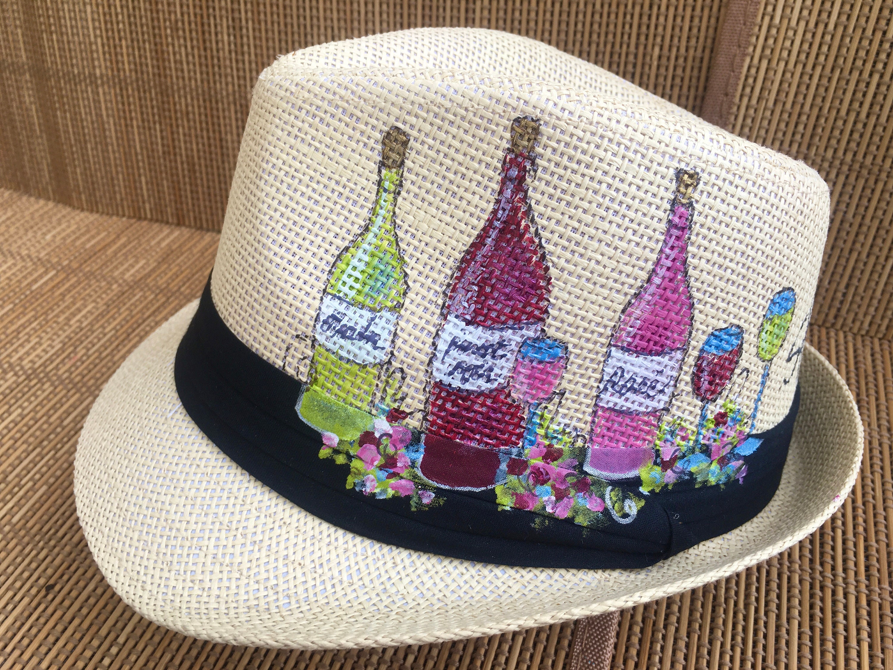 Hand-Painted Fedora Wine Bottle Design Wearable Art | Etsy