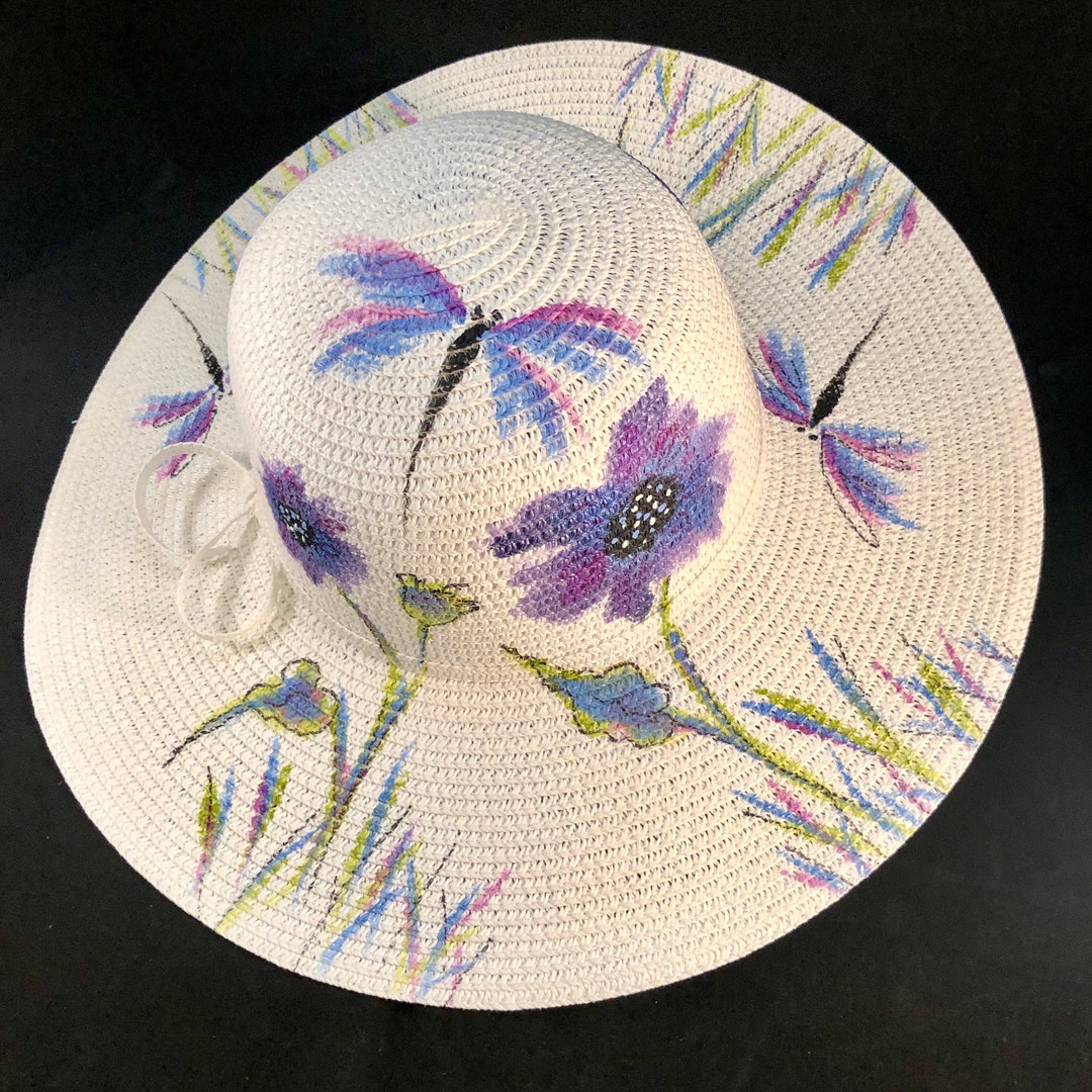 Hand-painted Flat 4brim Sun Hat Purple Poppy Design - Etsy