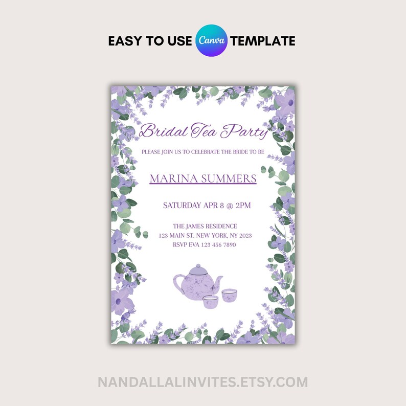 Floral Tea Party Invitation Template Lavender Bridal Brunch Girls ...