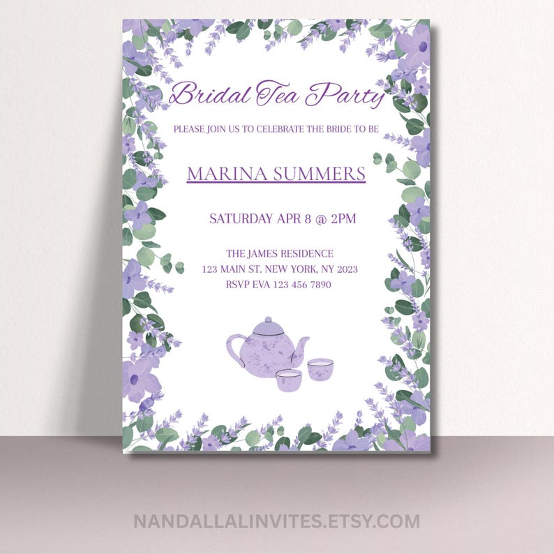 Floral Tea Party Invitation Template Lavender Bridal Brunch Girls ...