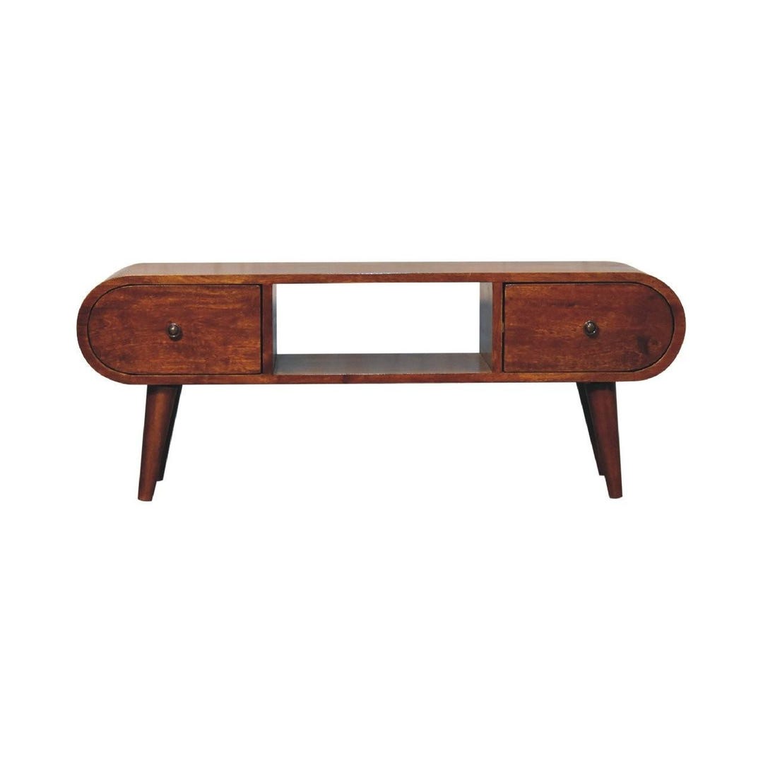 Lesuto Chestnut Circular TV Unit - Solid Mango Wood Media Console With ...