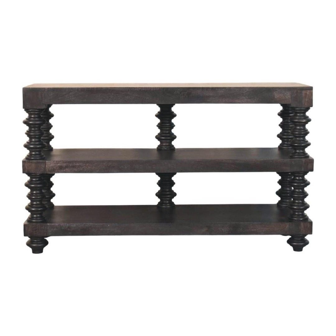 Handcrafted Lesuto Spindle Shelf Console in Carbon Ash - Solid Mango ...