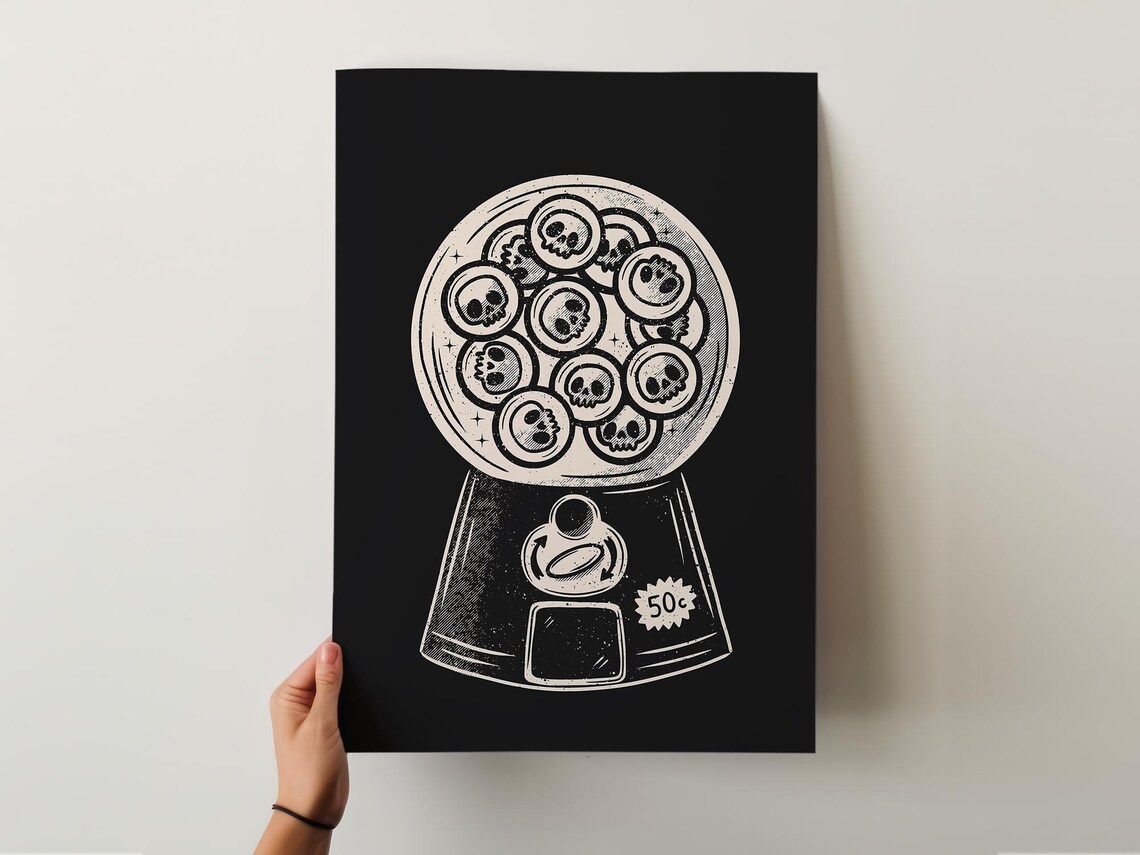 Printable Spooky Gumball Machine Art | Creepy Cute Skulls Print | Retro ...