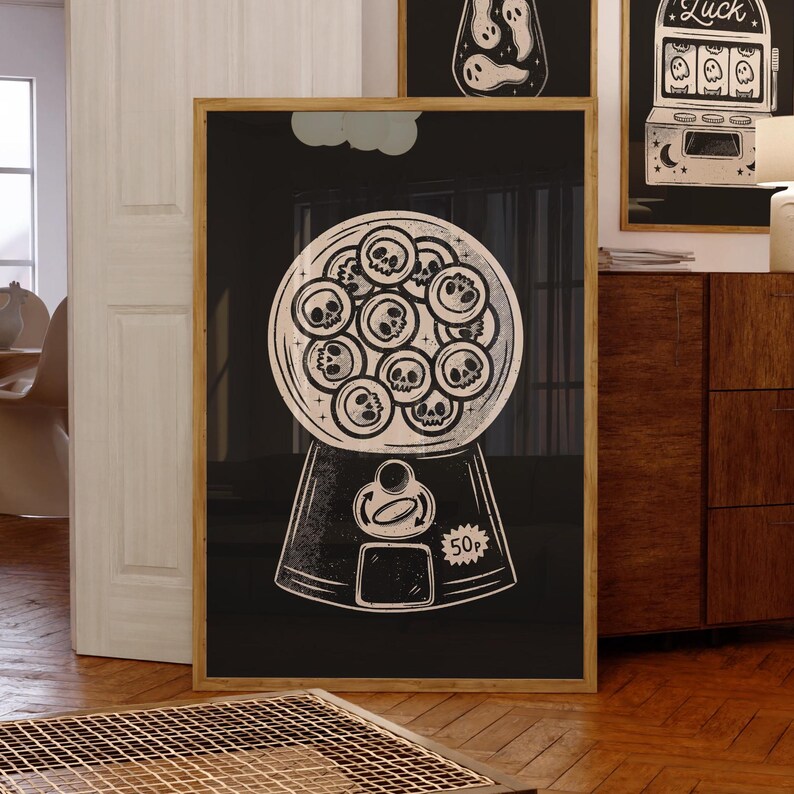 Printable Spooky Gumball Machine Art | Creepy Cute Skulls Print | Retro ...