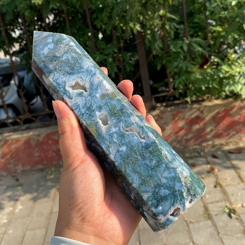 Natural Moss Agate Obelisk, Quartz Crystal Pillar, 8.6" Reiki Healing ...
