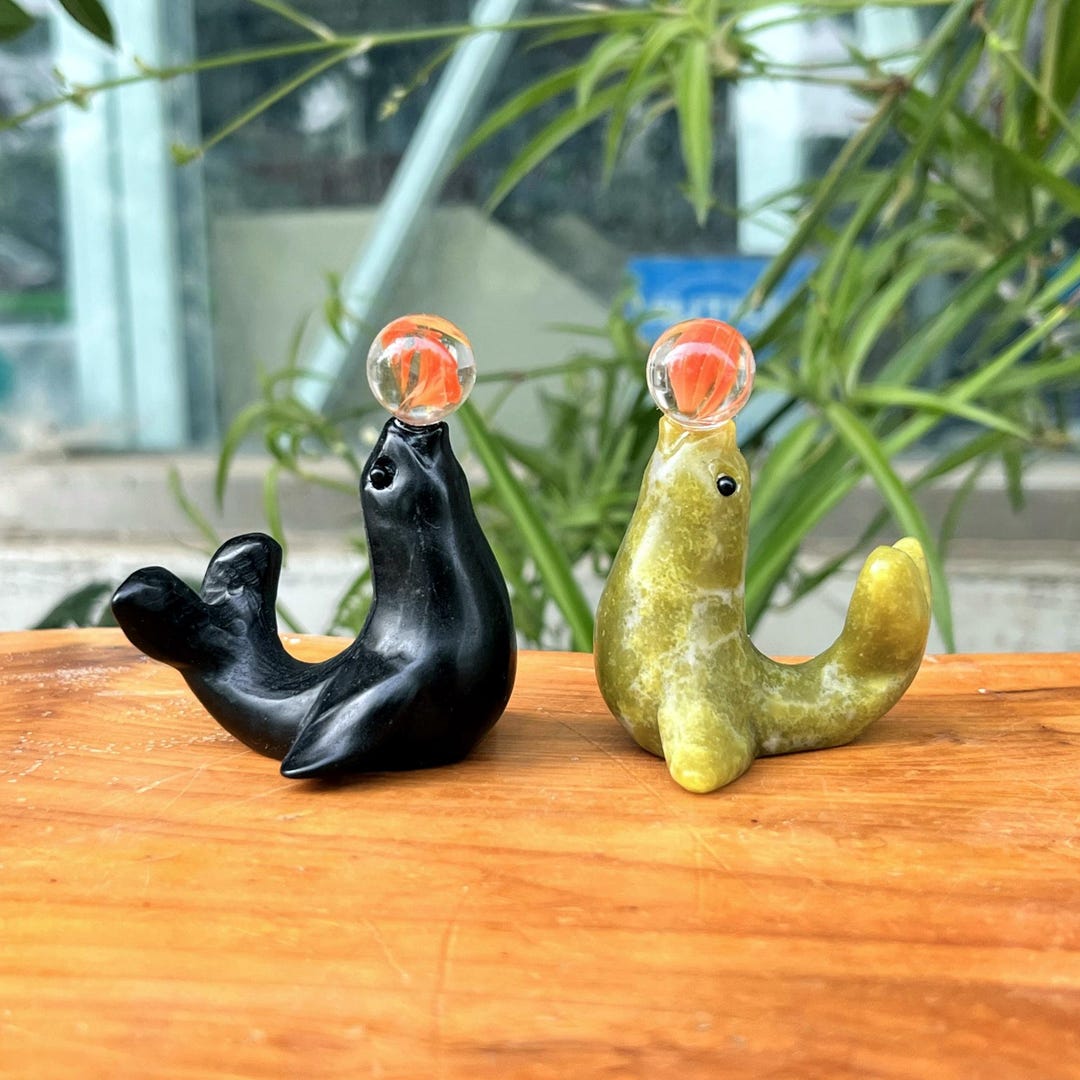 Obsidian & Xiuyan Jade Sea Dog Sculpture: Crystal Animal, Reiki Healing ...