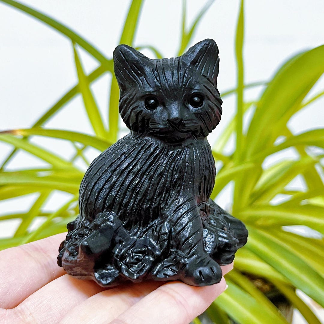Obsidian & White Jade Cat Statue: Crystal Reiki Healing Decor - Etsy