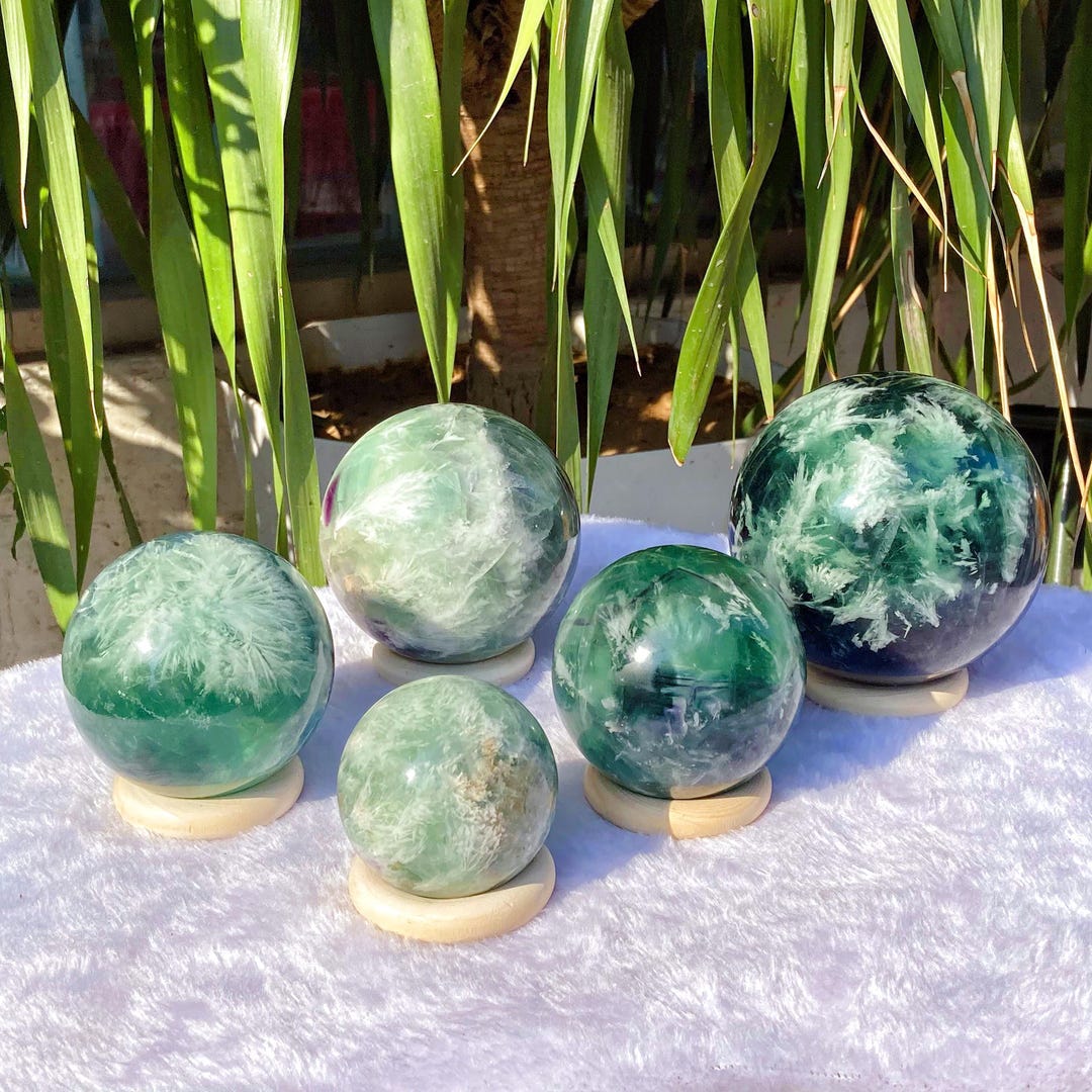 Fluorite Crystal Ball: Natural Feather Inclusions, Reiki Healing Stone ...