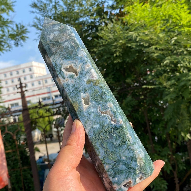 Natural Moss Agate Obelisk, Quartz Crystal Pillar, 8.6" Reiki Healing ...