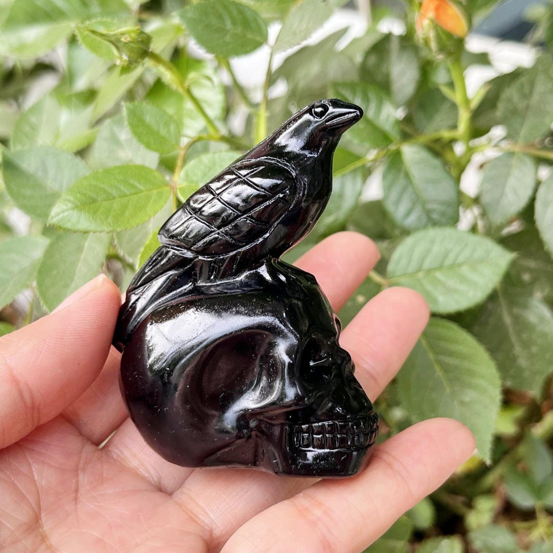 Obsidian Raven Skull Carving: Crystal Reiki Healing Sculpture - Etsy