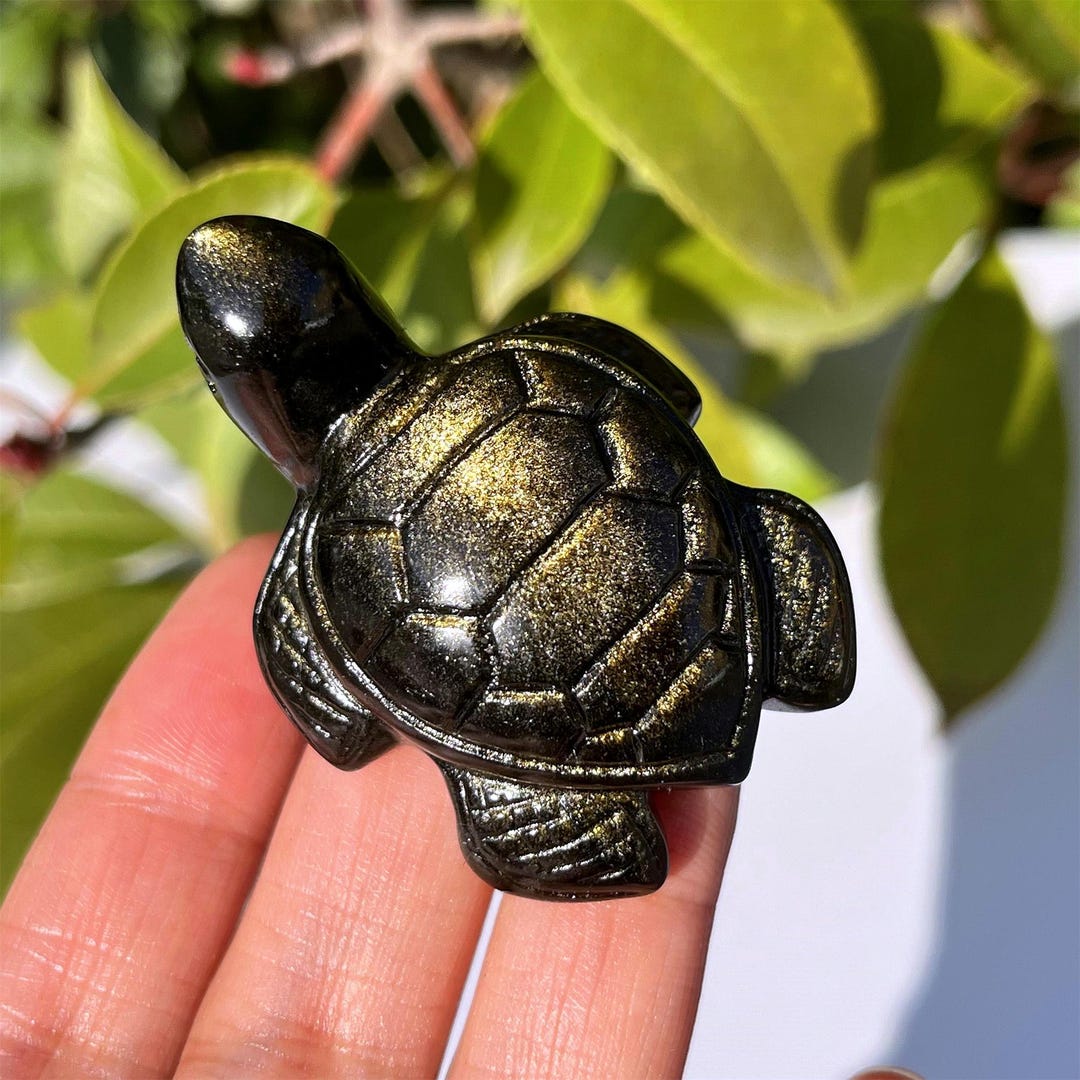Obsidian Sea Turtle Sculpture: Hand-carved Golden & Silver Crystal ...
