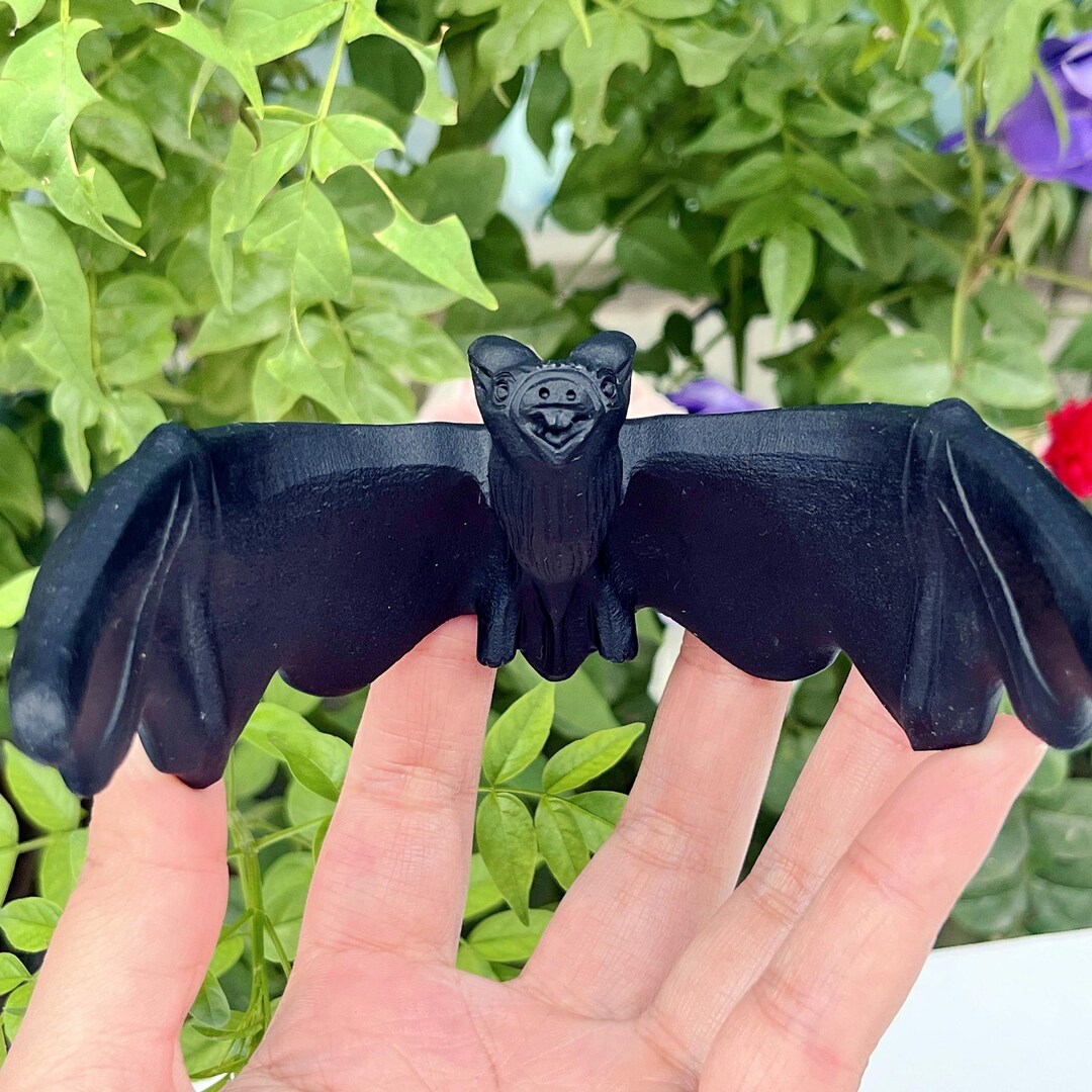 Obsidian Bat Crystal Carving: Reiki Healing Stone, Home Decor + Stand ...