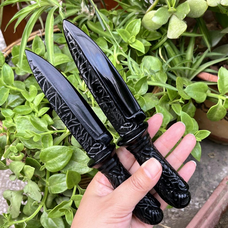 Hand Carved Natural Obsidian Dagger,quartz Crystal Knife,reiki Healing ...