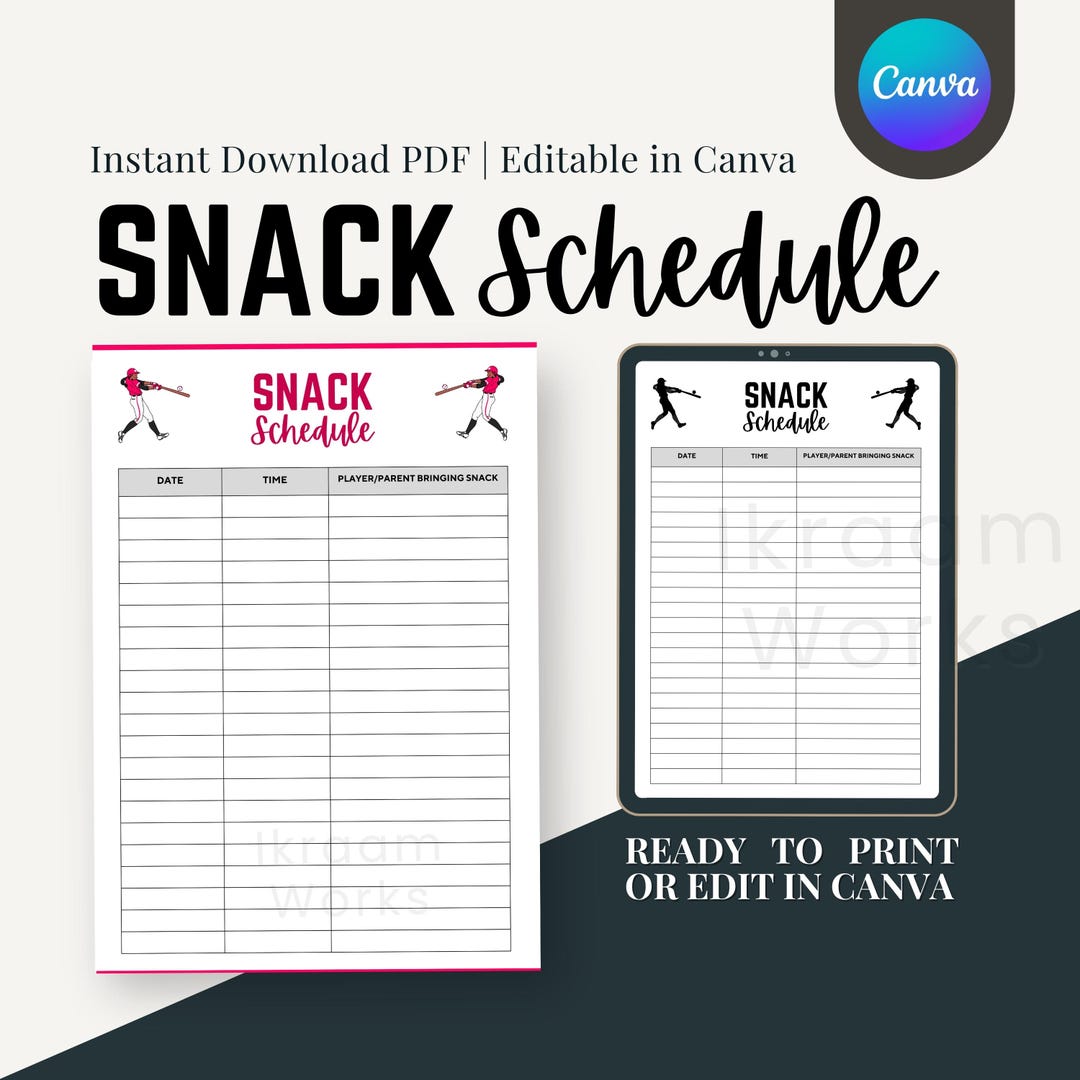 Baseball Snack Schedule, Printable PDF, Baseball Snack Sign up Sheet ...