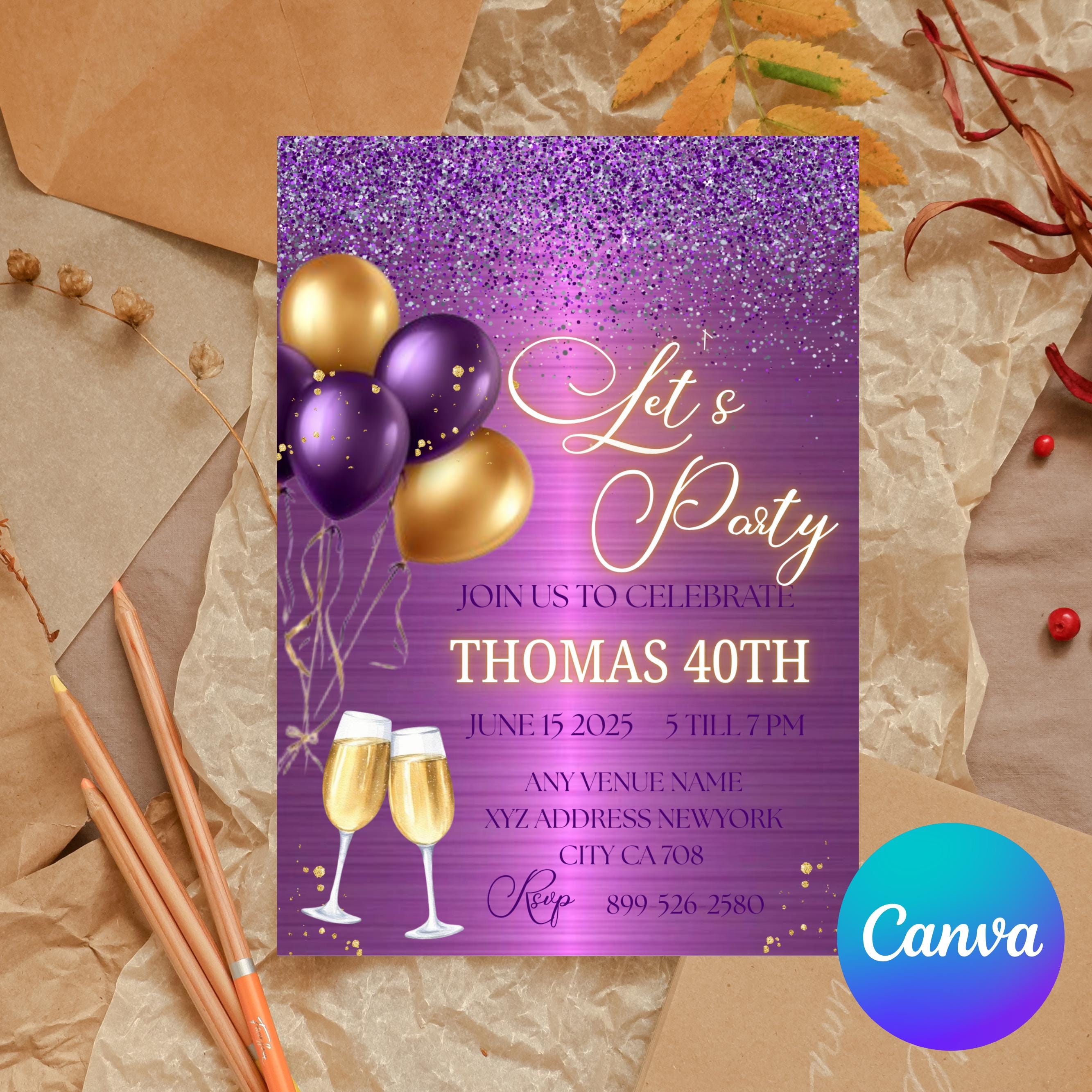 Editable Purple and Gold Birthday Invitation, Let's Party Purple ...