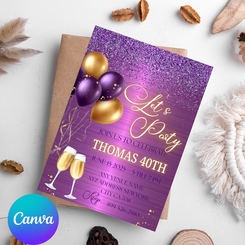 Editable Purple and Gold Birthday Invitation, Let's Party Purple ...