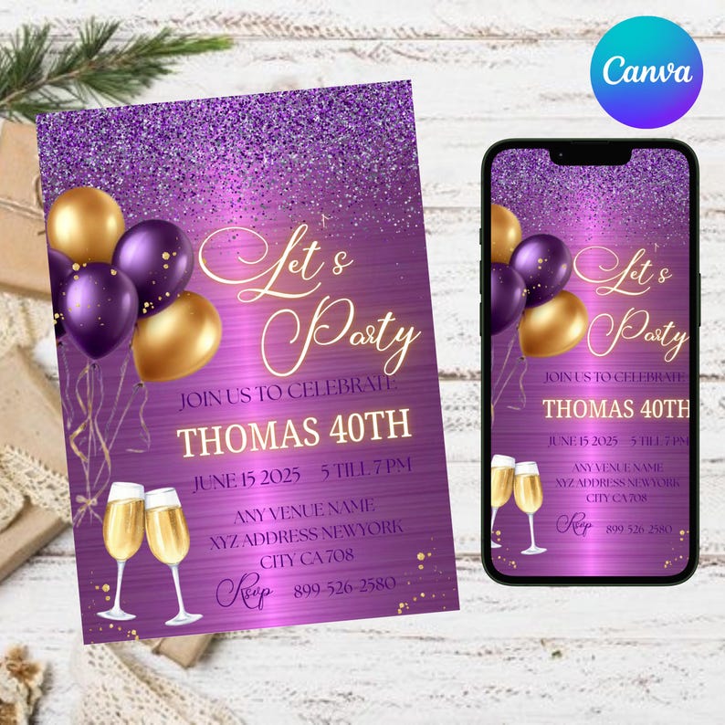 Editable Purple and Gold Birthday Invitation, Let's Party Purple ...