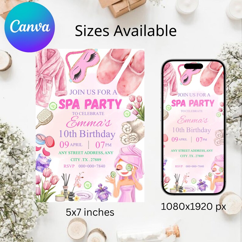 Girls Spa Birthday, Spa Party Birthday Invitation, Pamper Party Invite ...