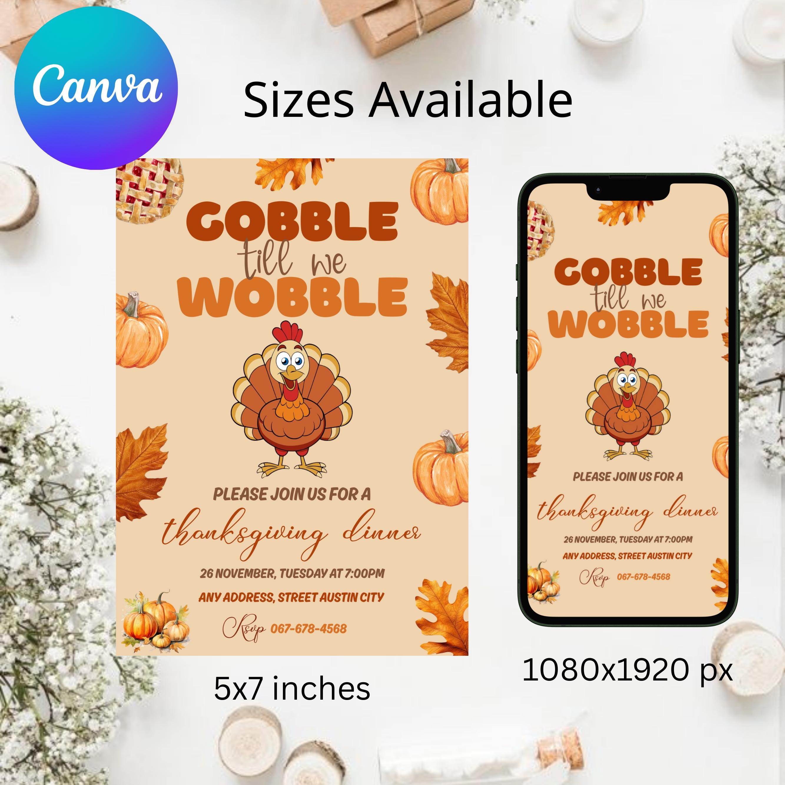 Gobble Till We Wobble Thanksgiving Invitation Template, Friendsgiving ...