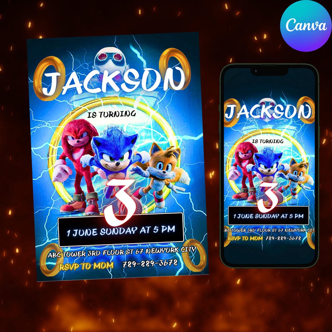 Sonic 3 Birthday Invitation, Super Hedgehog Boys Party Invite, Super ...