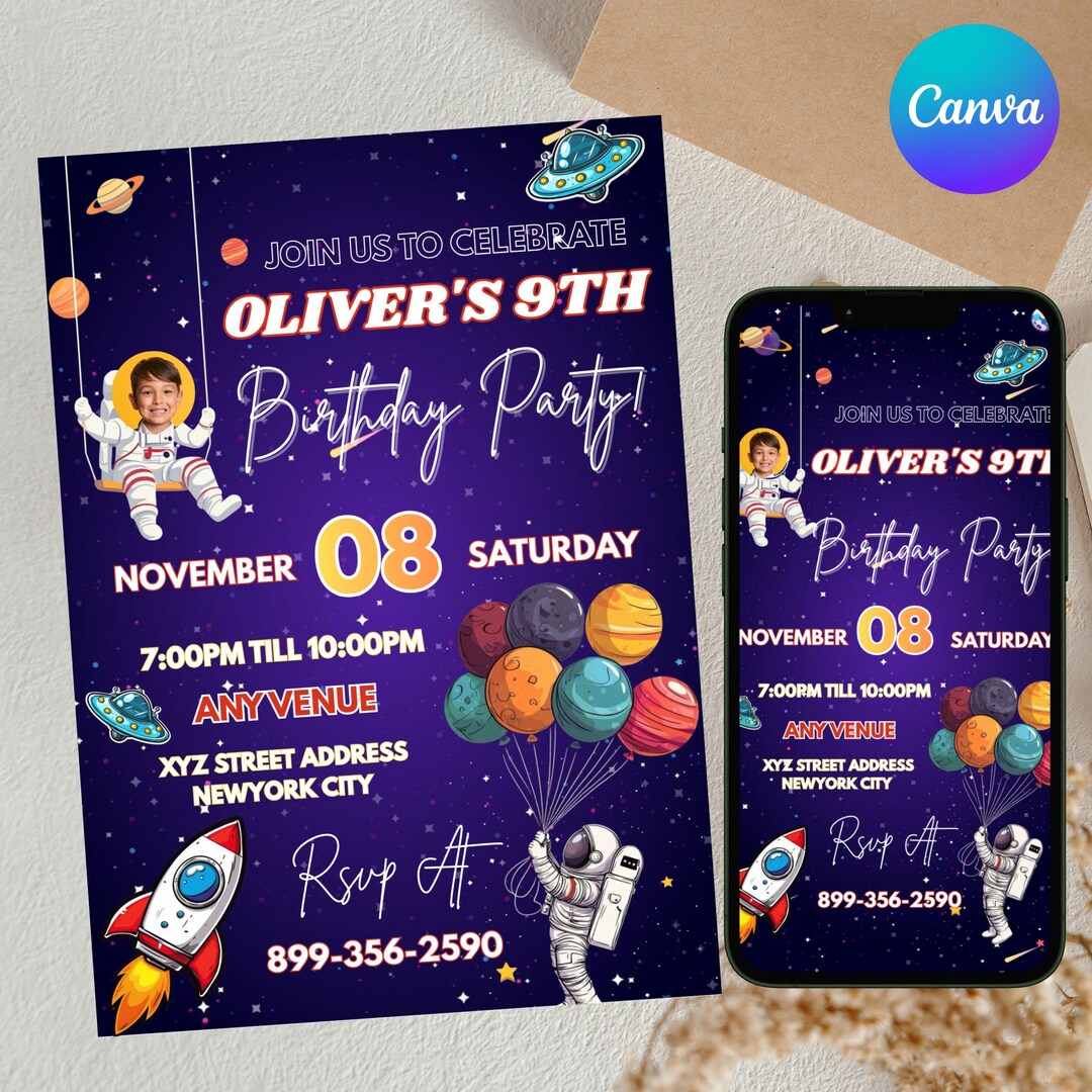 Space Birthday Party Invitation, Galaxy Invite, Astronaut Outer Space ...