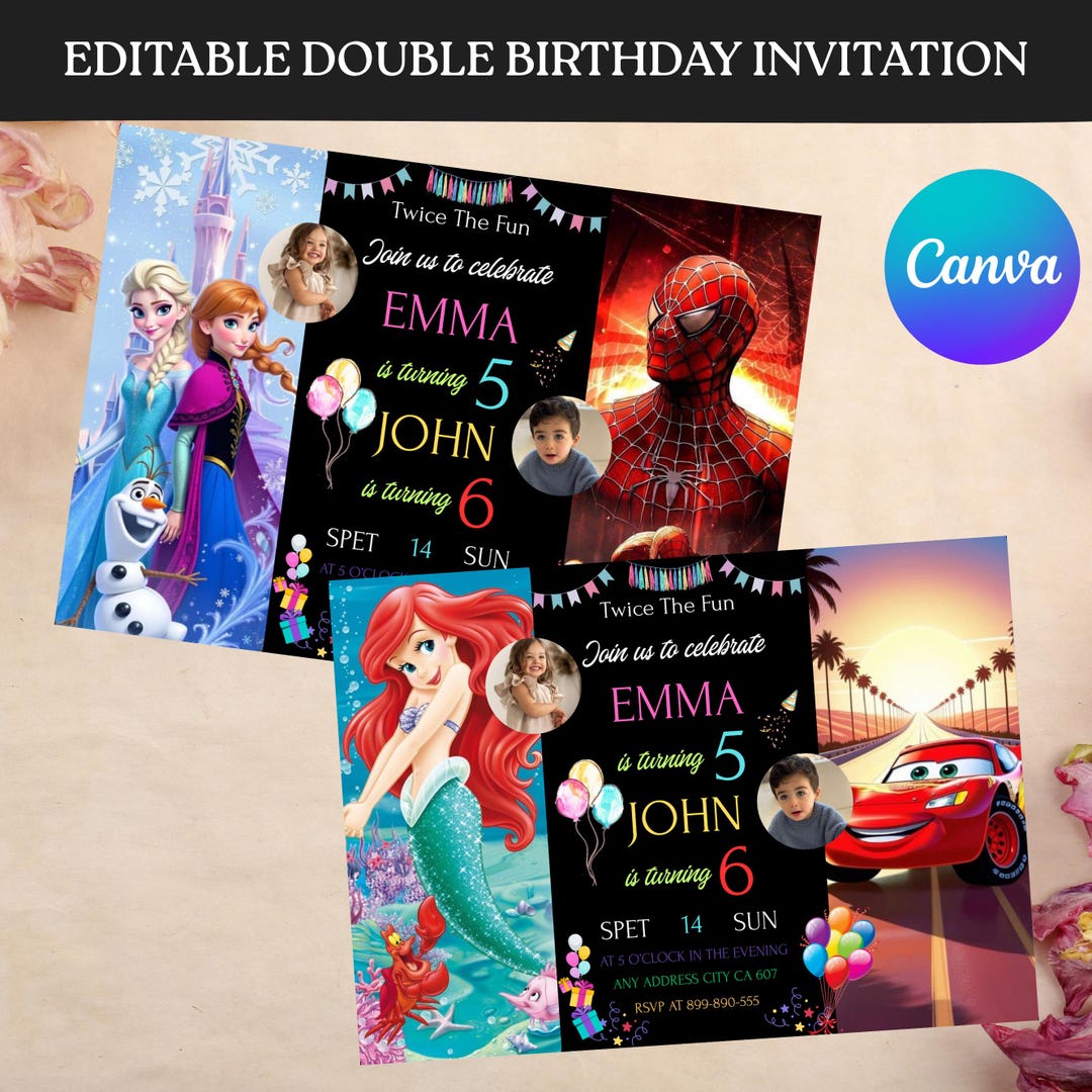 Editable Sibling Birthday Invitation, Double Birthday Invite, Dual ...
