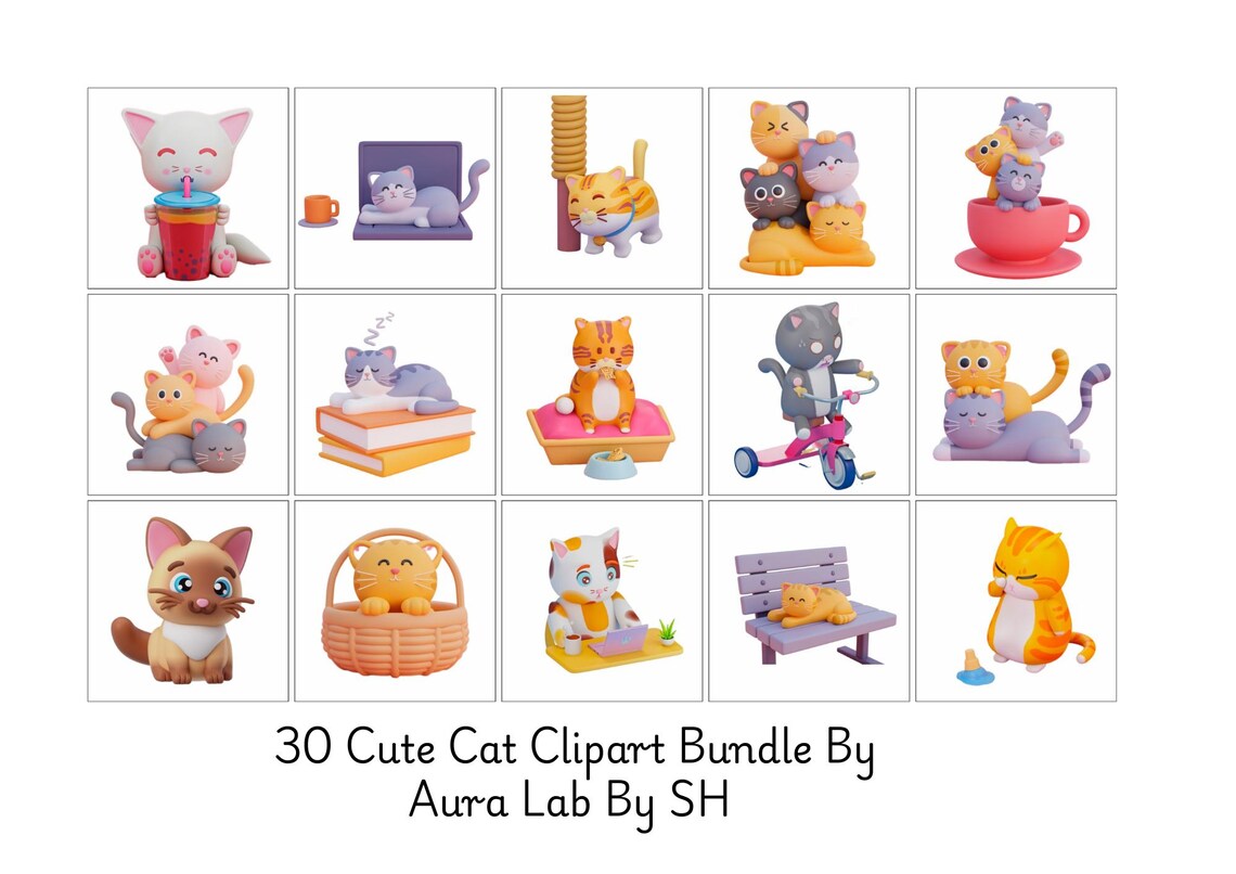 30 Cats Clipart Bundle, Cute Printable Cat Clipart, Clipart Stickers ...