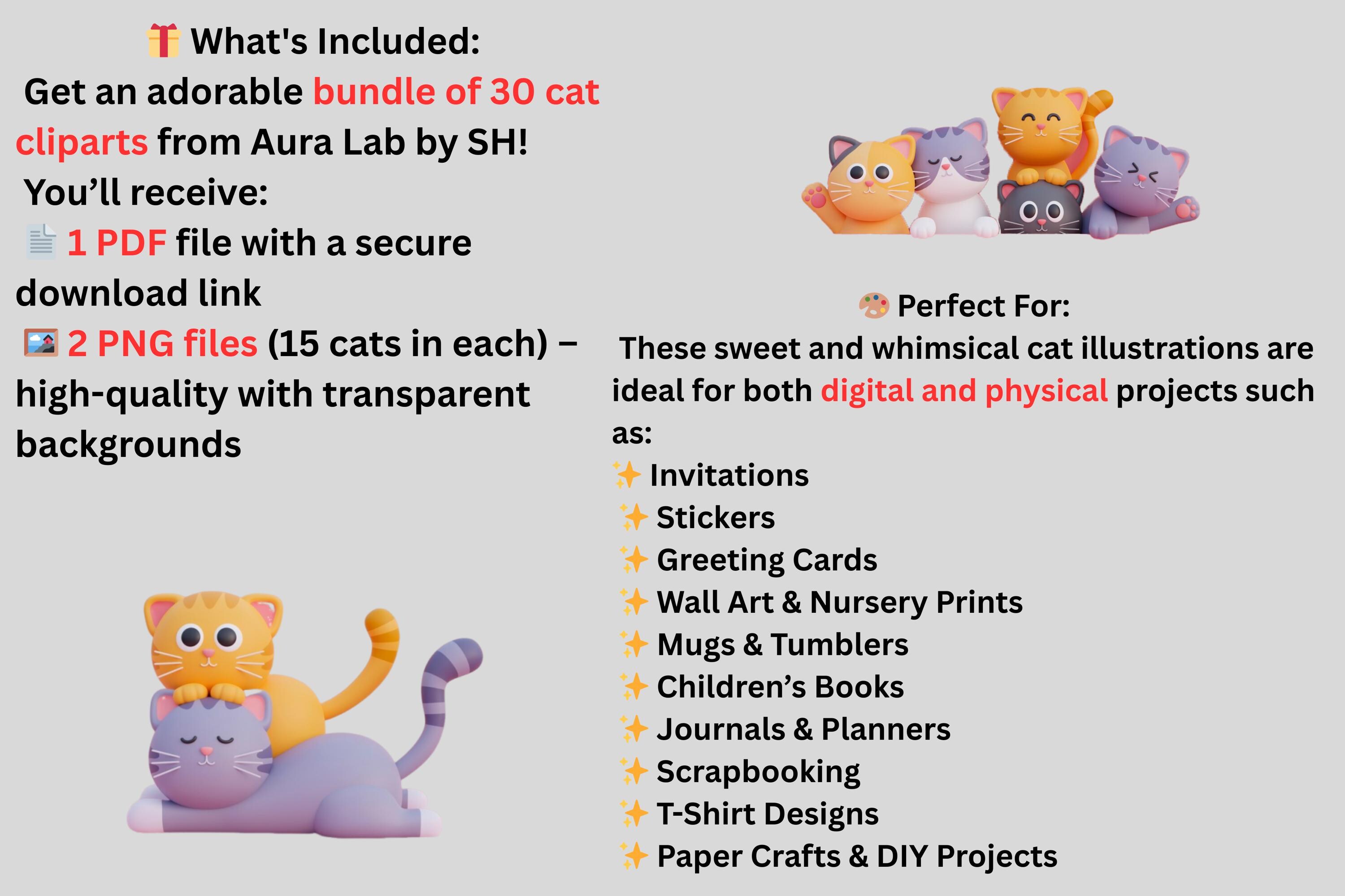 30 Cats Clipart Bundle, Cute Printable Cat Clipart, Clipart Stickers ...