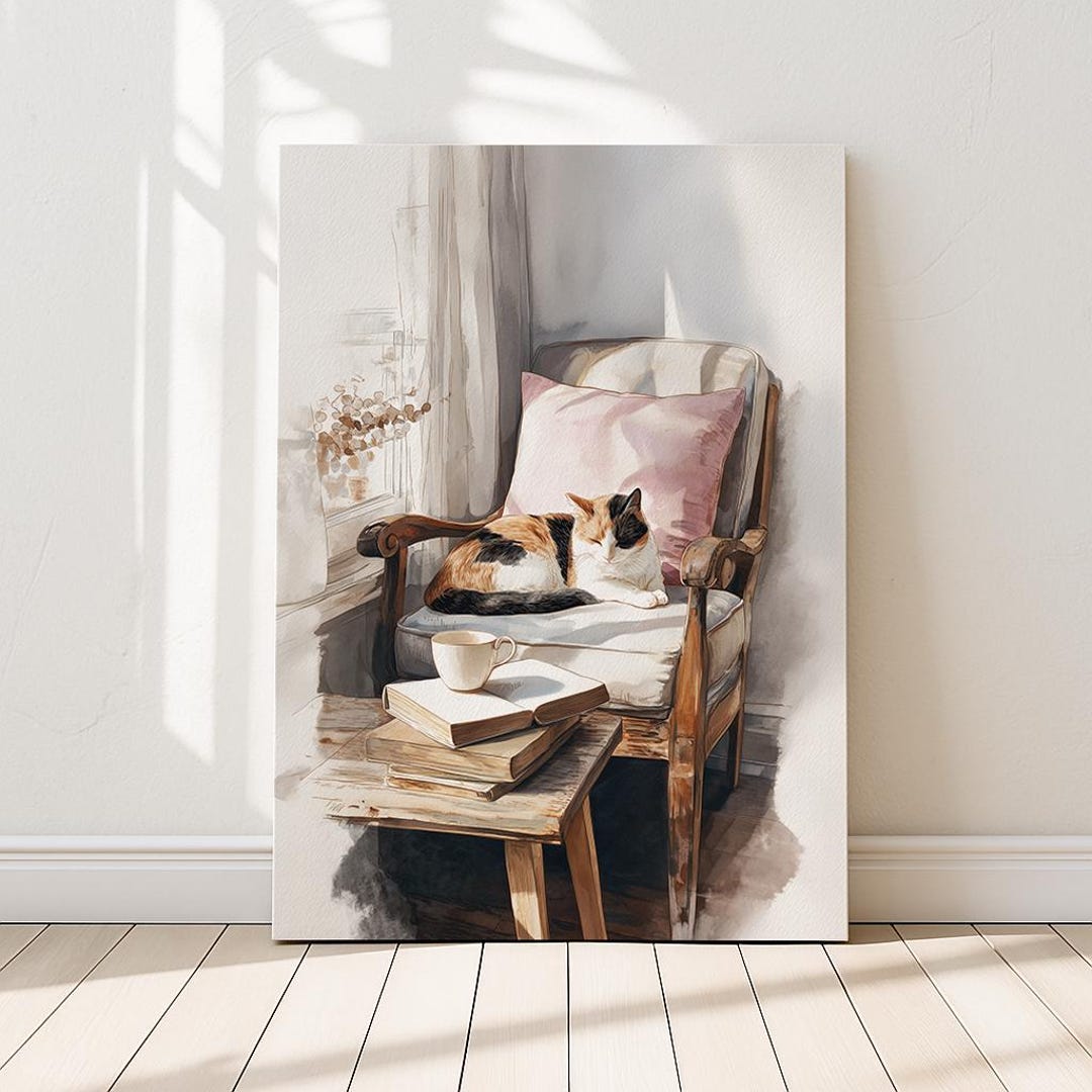 Calico Cat Art Print, Reading Chair & Coffee Scene, Book Nook Decor ...