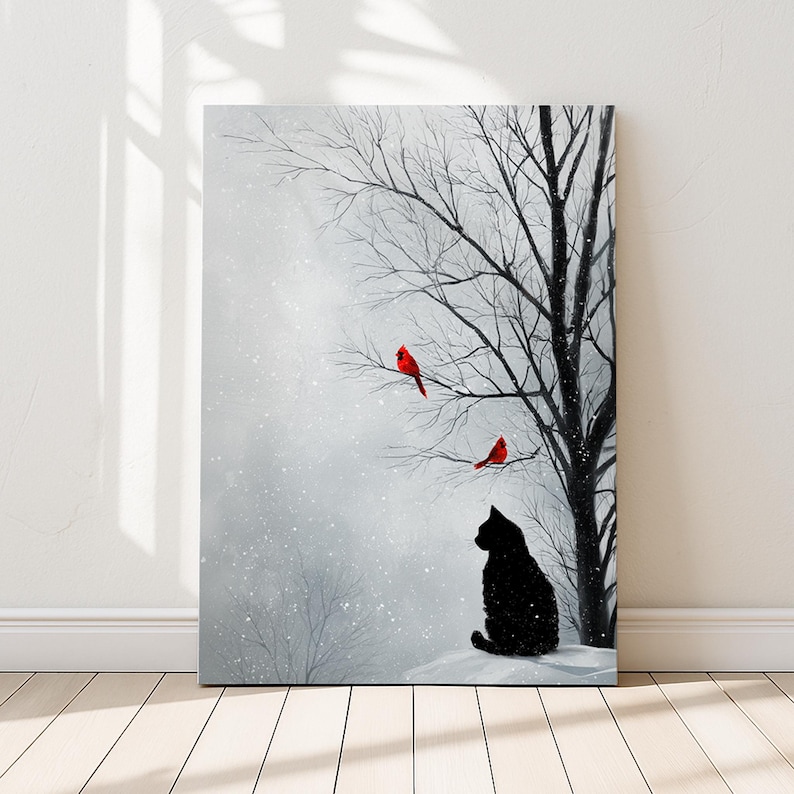 Silhouette Cat Art Print, Snowy Cardinals Scene, Winter Decor ...