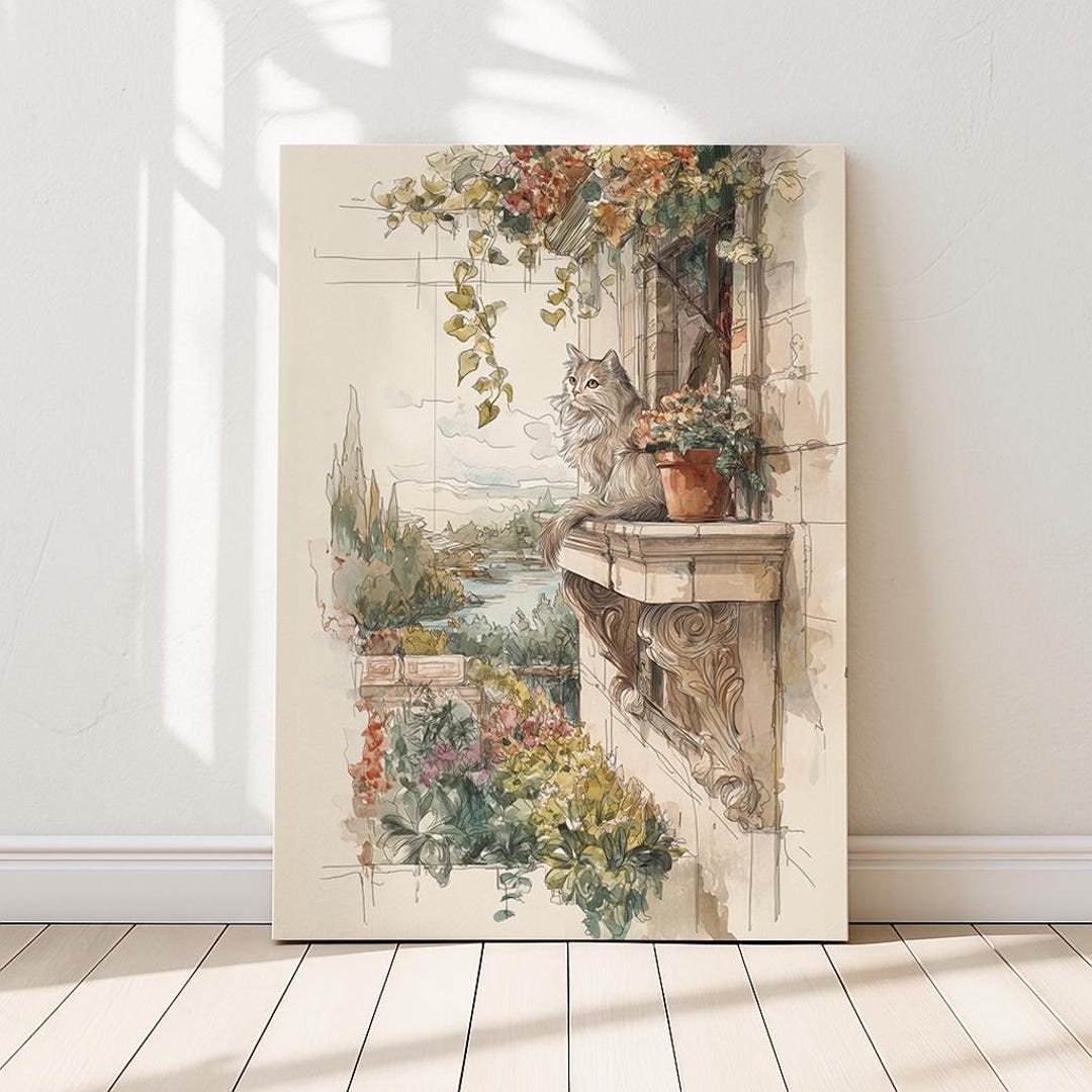 Persian Cat Wall Art on Balcony Ledge – Elegant Watercolor Cat Print ...