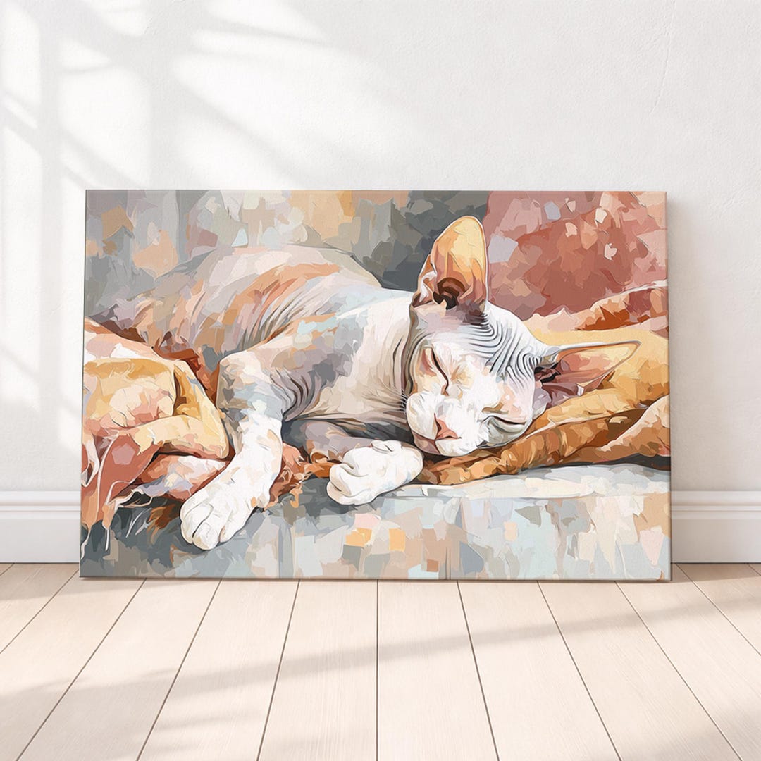 Calico Sphynx Kitten Art Print, Sleeping on Sofa, Cozy Decor | Purrfect ...