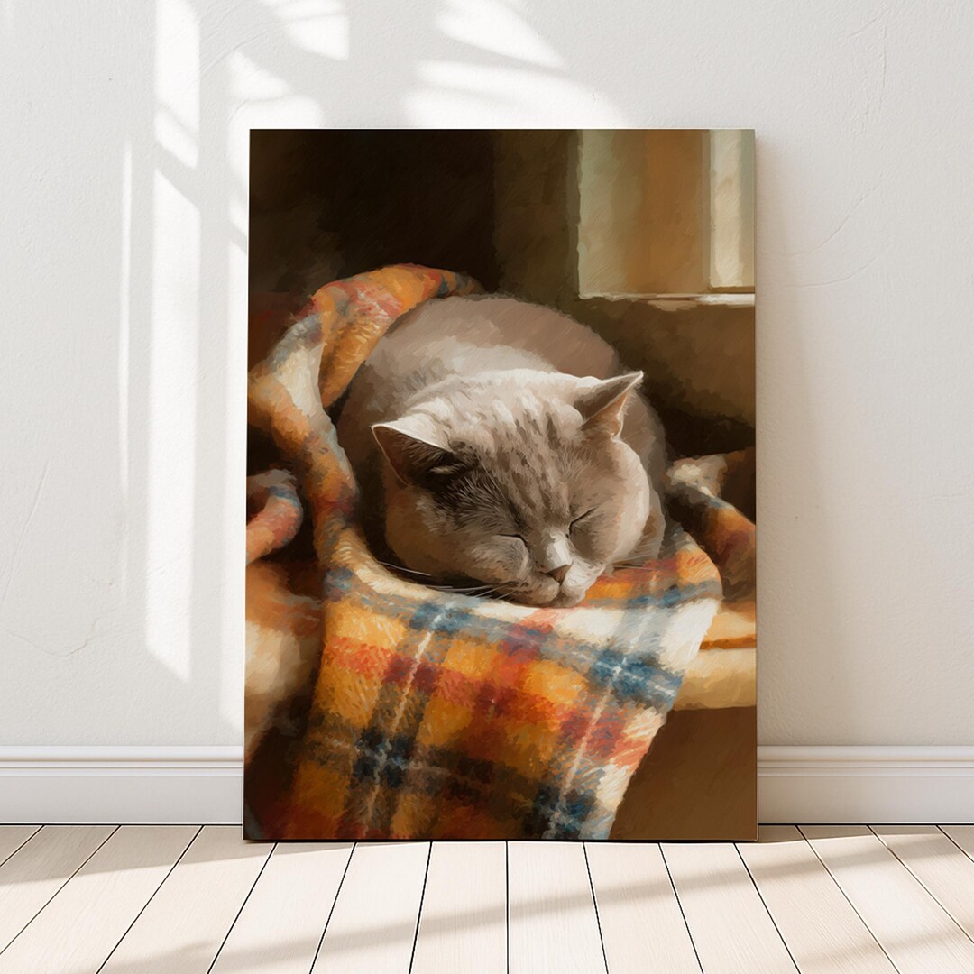 Blue British Shorthair Cat Art Print, Nap on Plaid-blanket, Cozy Home ...