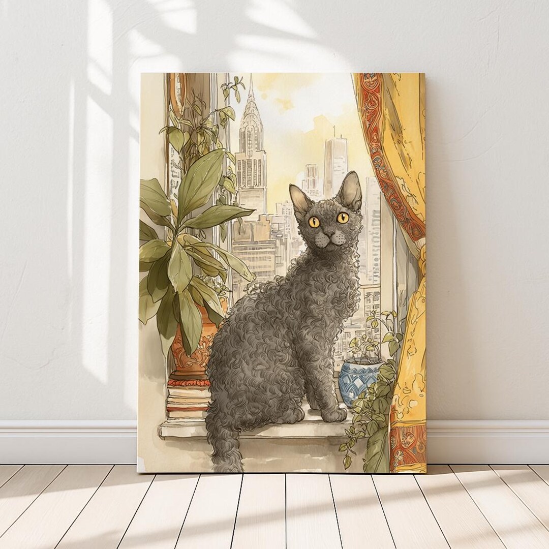 Devon Rex Grey Cat Wall Art – Watercolor New York Apartment Scene With ...