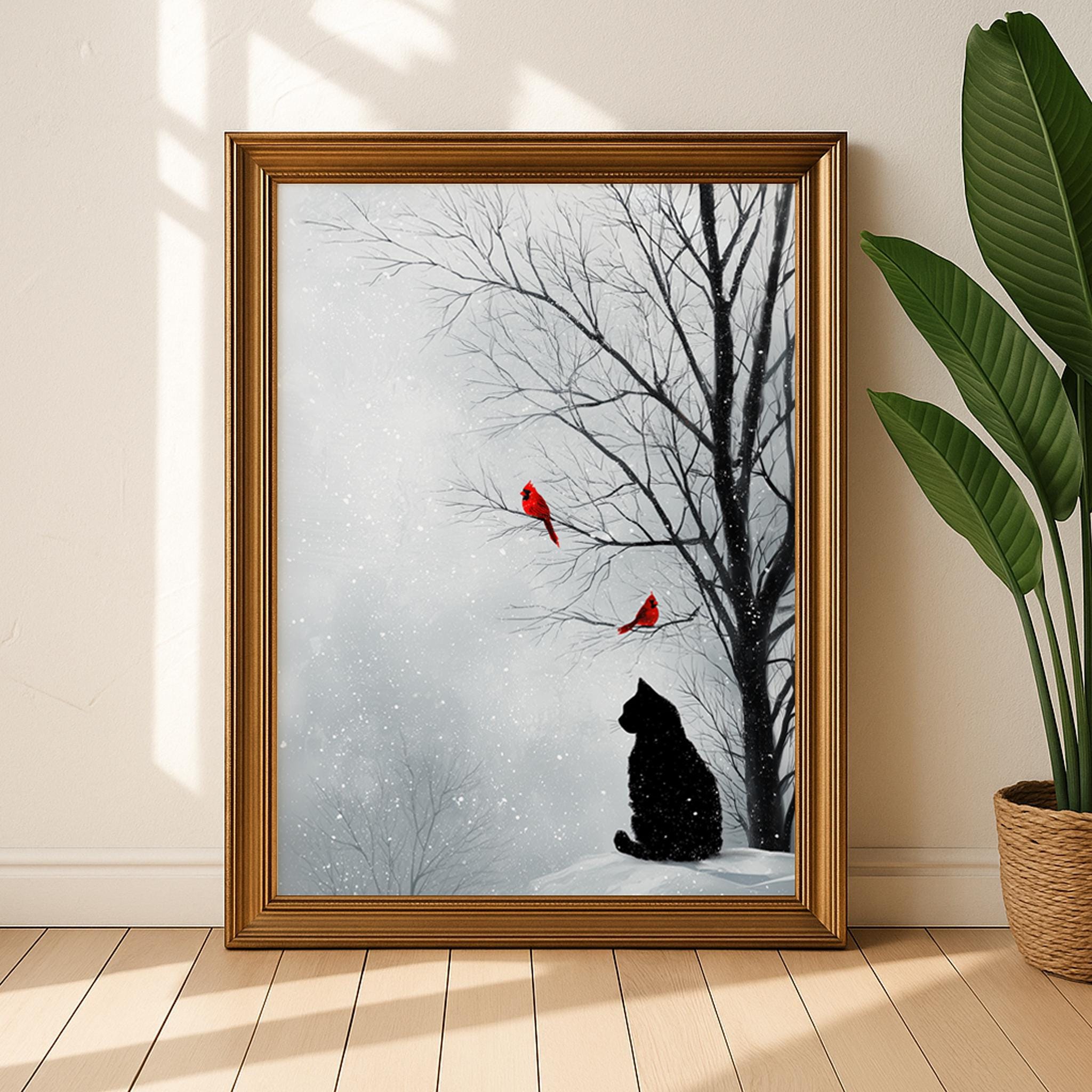 Cat Silhouette Art Print, Snowy Cardinals Scene, Serene Home Decor ...