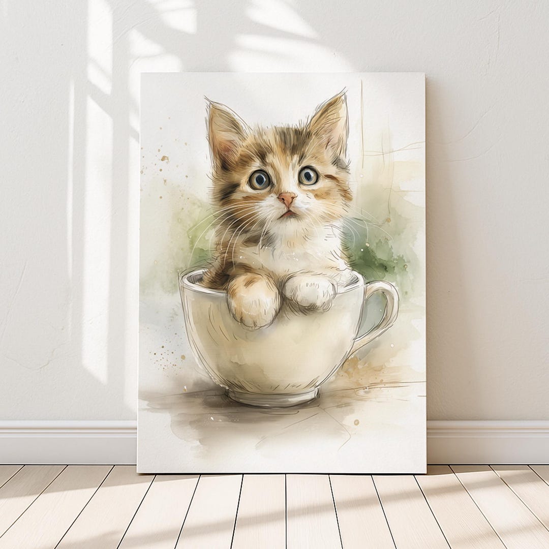 Tabby Kitten Art Print, Sitting in a Teacup, Cosy Kitchen Decor ...