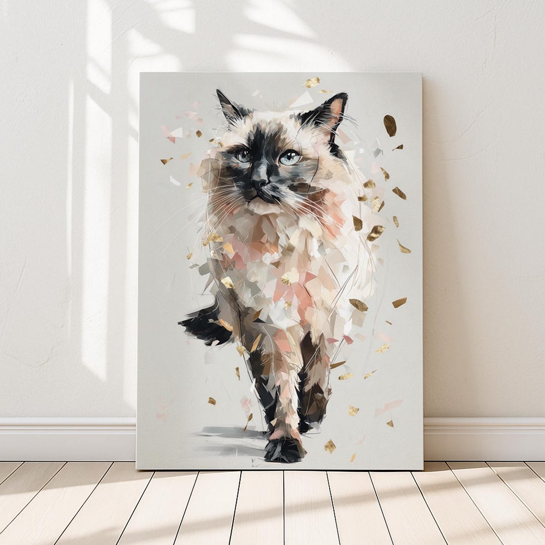 Seal Point Ragdoll Cat Art Print, Walking Through Gold Confetti, Modern ...